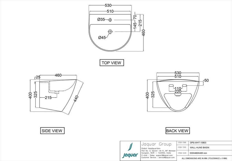 Wall Hung Integrated Basin - Opal