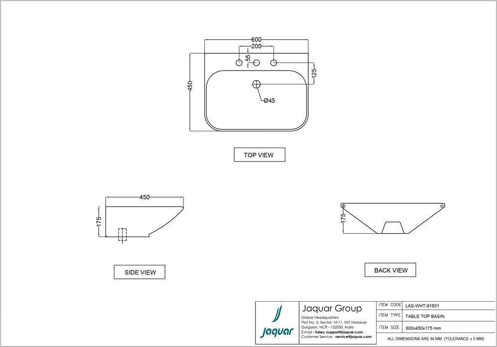 Laguna Rectangular Tabletop basin 600x450x175 mm